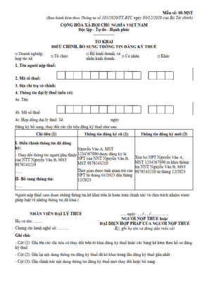 Mẫu 08-MST: Tờ khai điều chỉnh thông tin đăng ký thuế